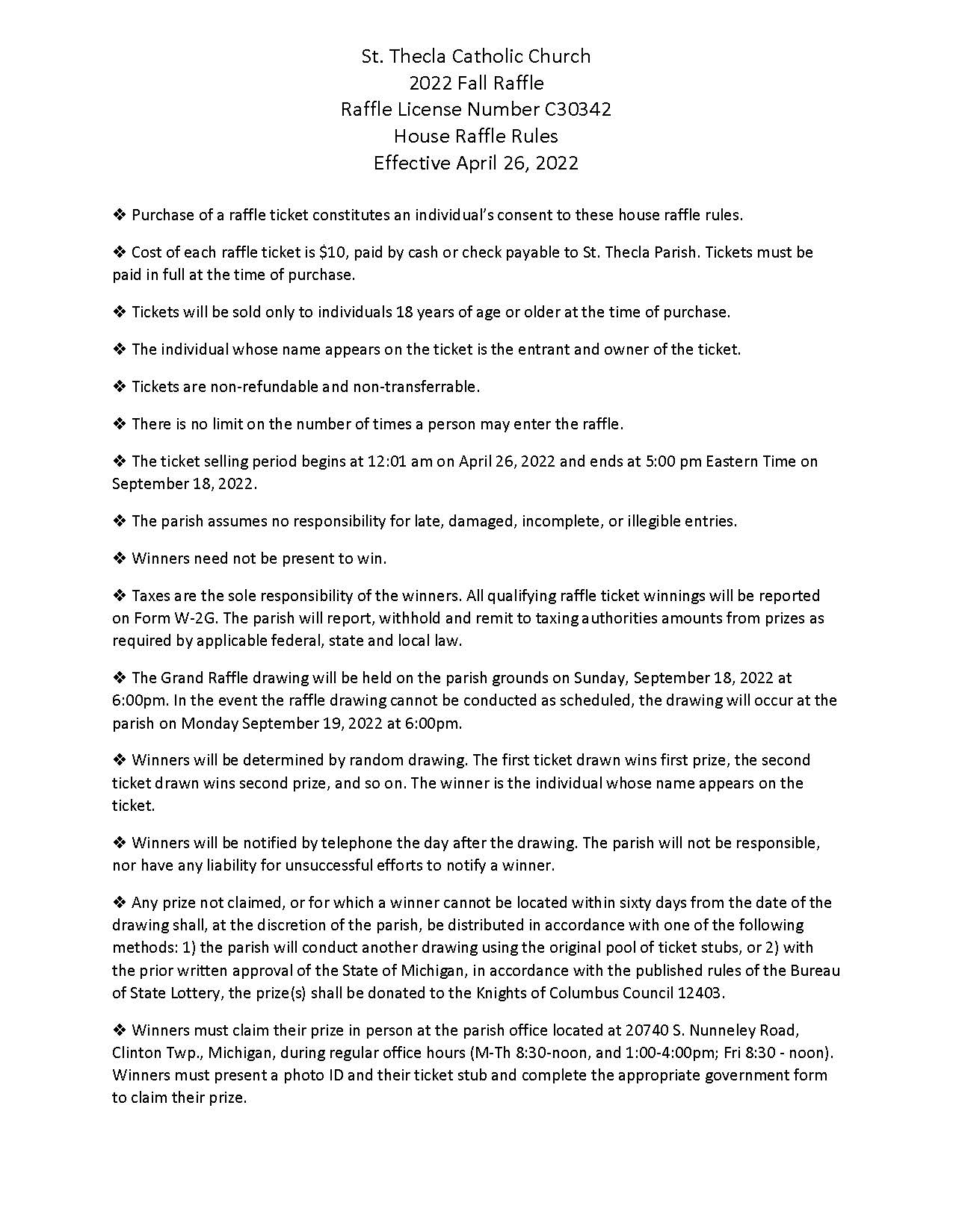 Raffle Rules St Thecla School