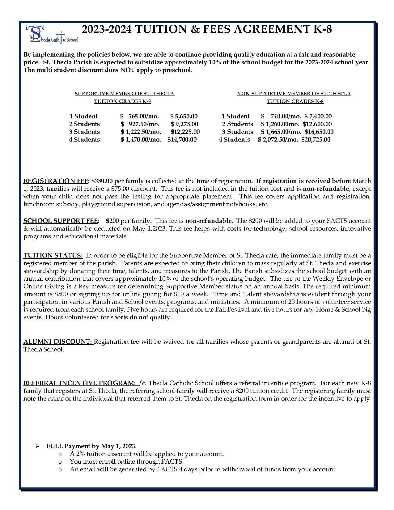K- 8 Tuition and Fees Agreement – St. Thecla School