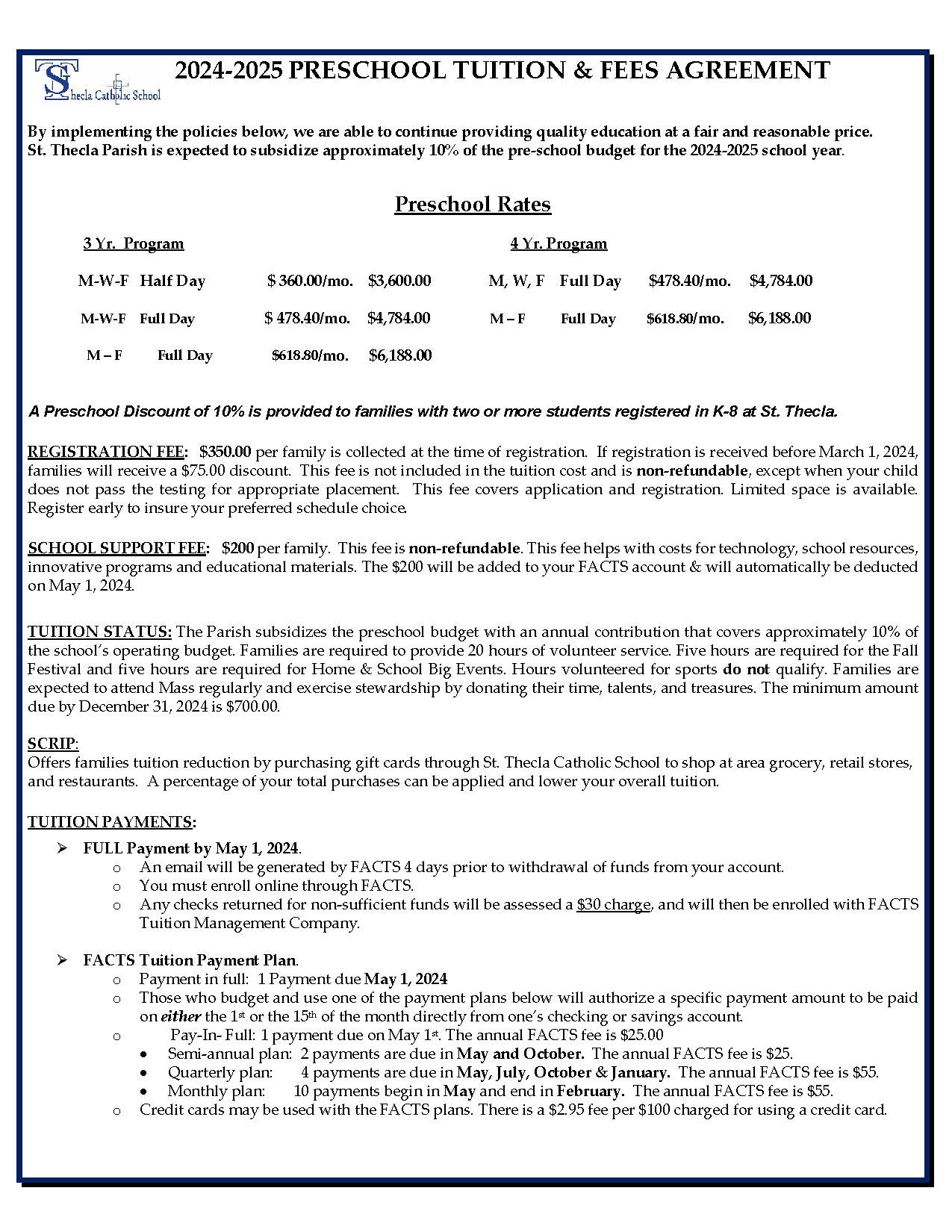 Preschool Tuition and Fee Agreement – St. Thecla School