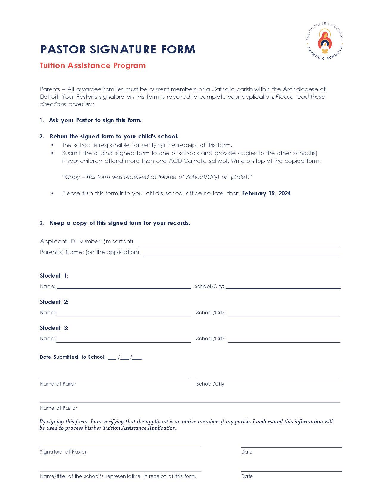 Pastor Signature Form – St. Thecla School