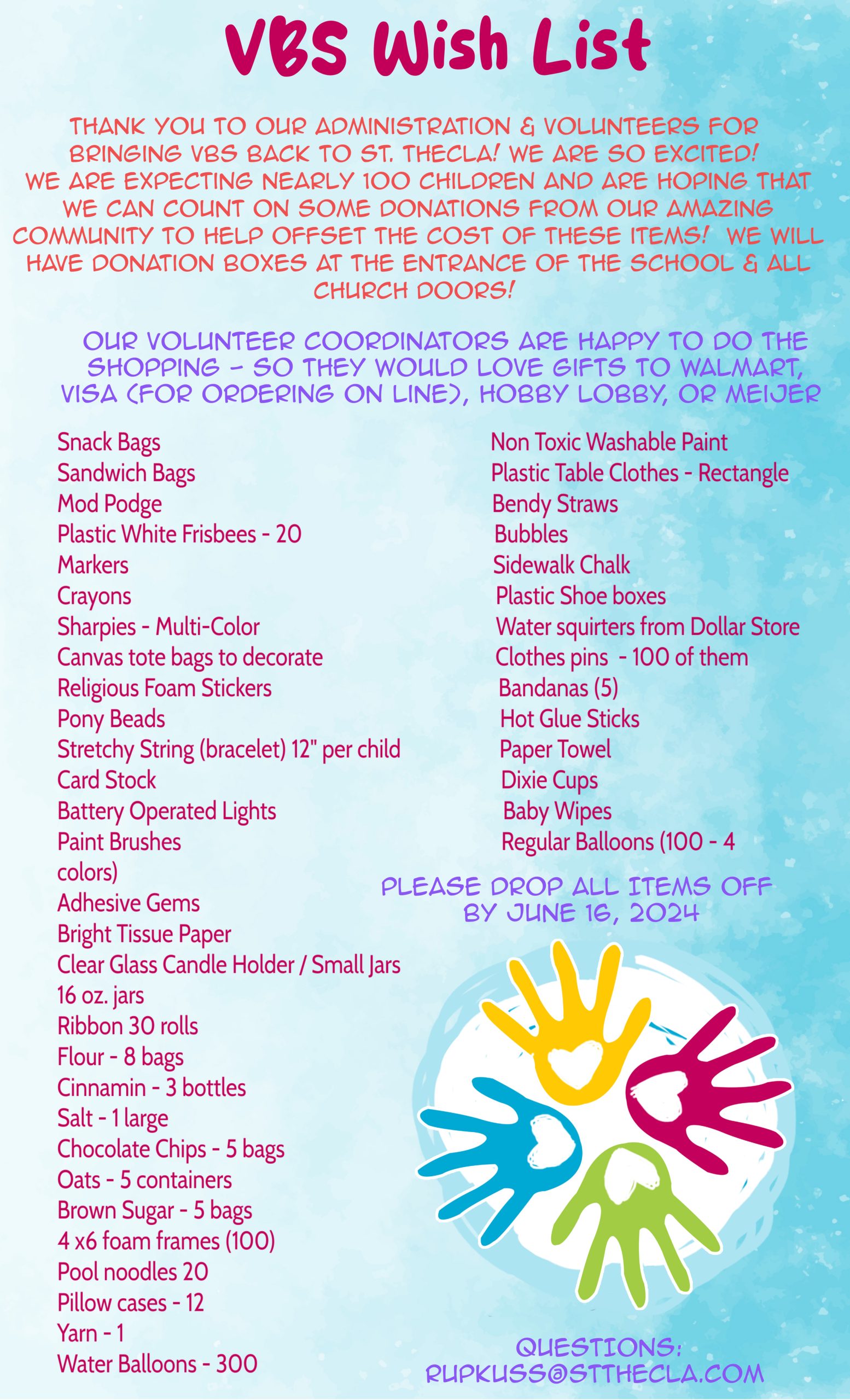 VBS – Wish List – St. Thecla School